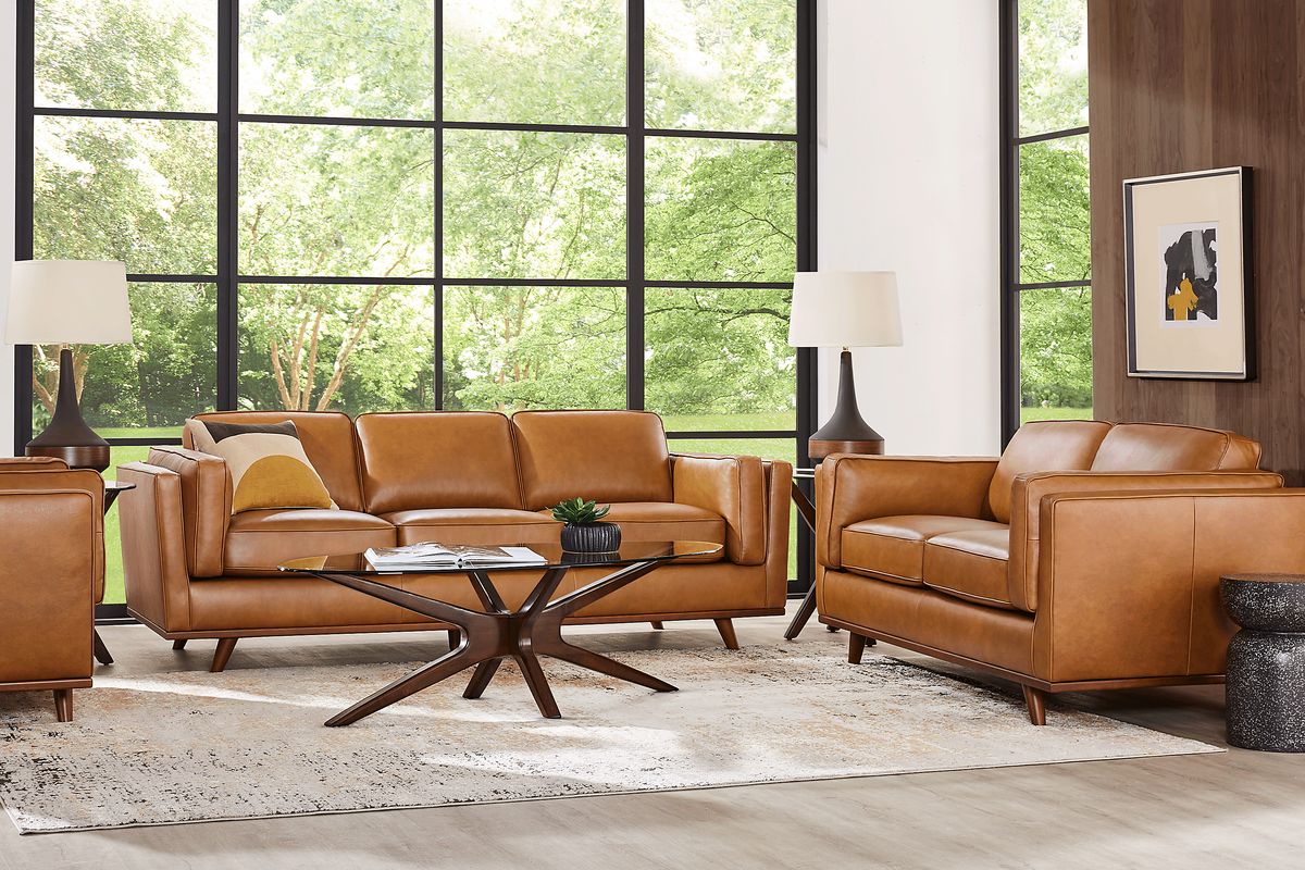 Duluth 3 Pc Caramel Brown Leather Living Room Set With Sofa, Loveseat ...