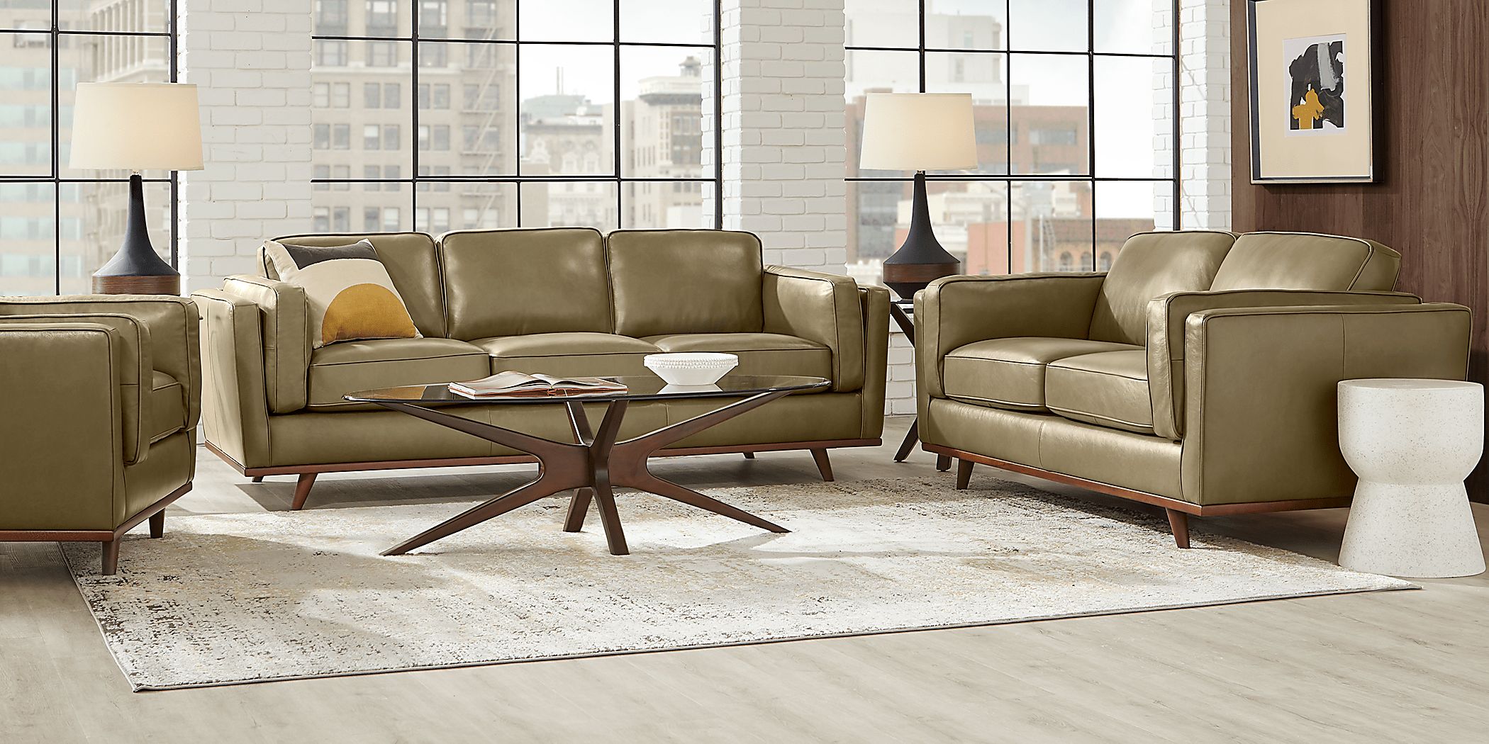 Duluth 7 Pc Olive Green Leather Premium Sleeper Living Room Set With Loveseat Sleeper Sofa 3 Pc Table Set Table Lamp Rooms to Go