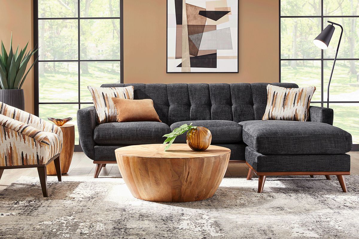 East Side 4 Pc Black Chenille Fabric Living Room Set With Chaise Sofa ...