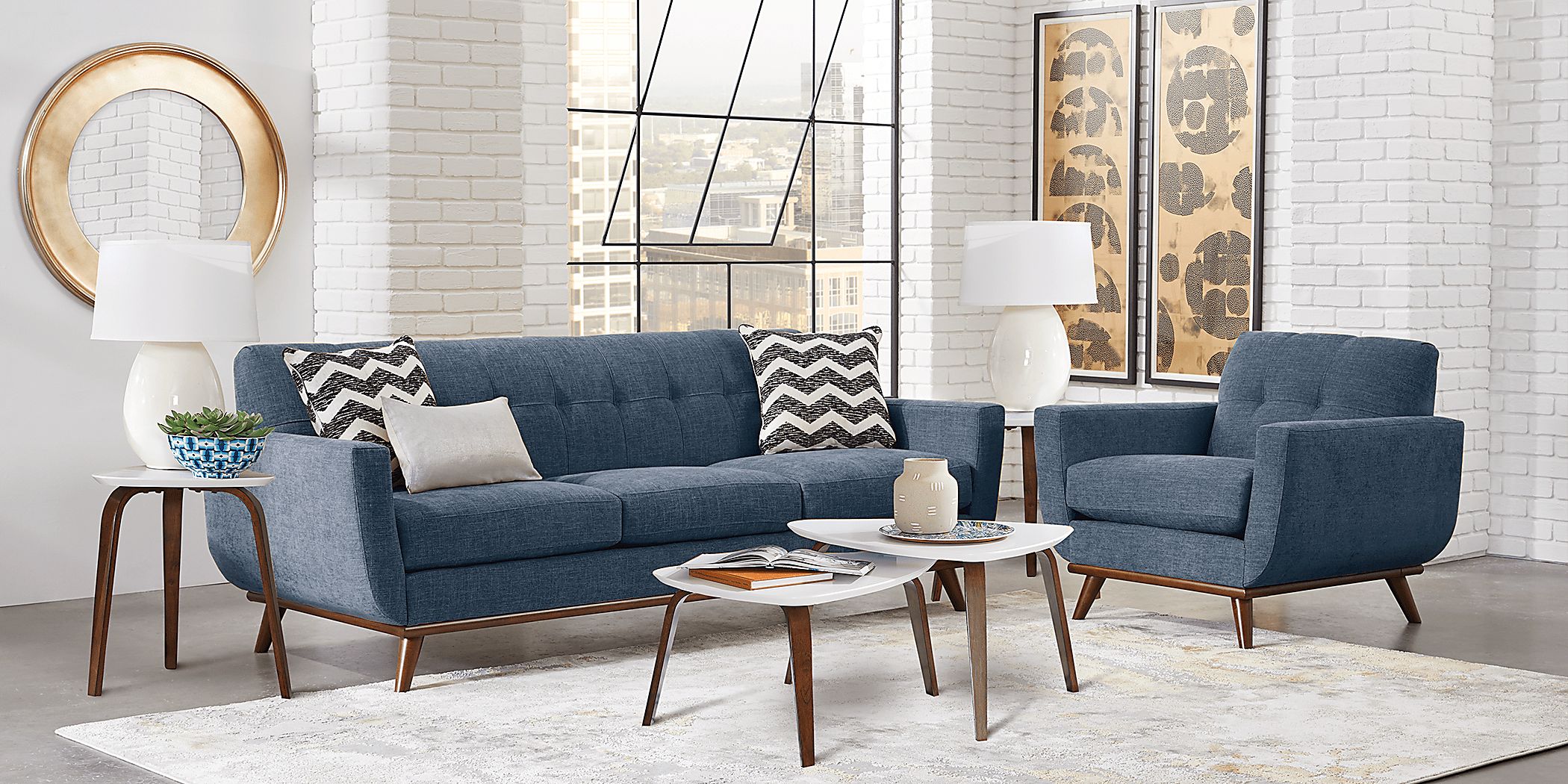 East Side 6 Pc Sapphire Blue Chenille Fabric Living Room Set With Sofa ...