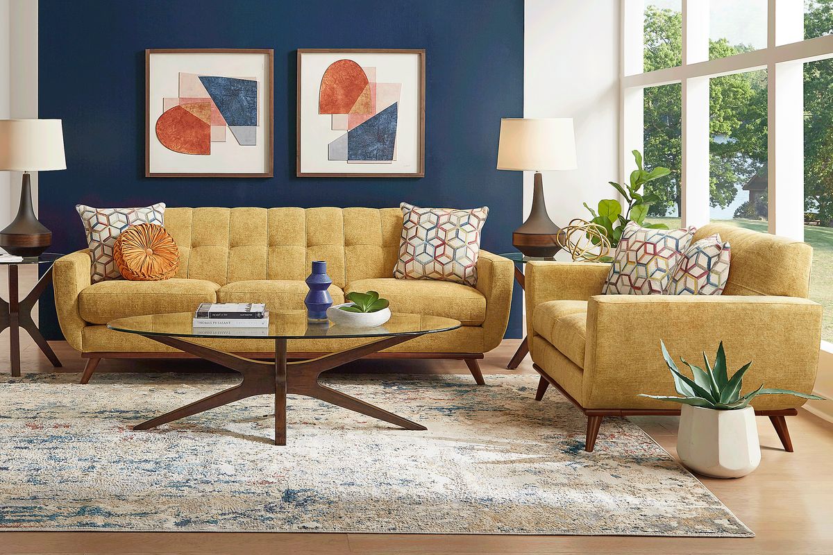 East Side 7 Pc Sunflower Yellow Chenille Fabric Living Room Set With ...