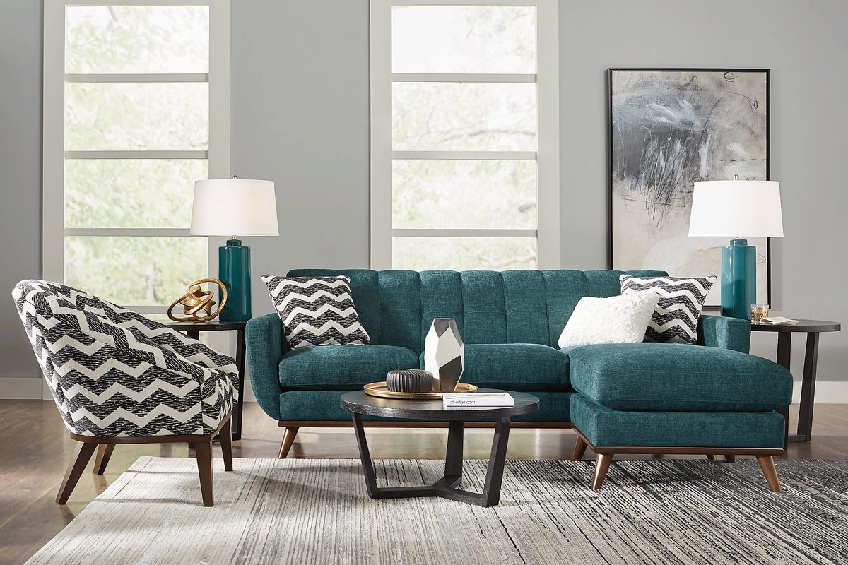 East Side 2 Pc Teal Blue,Green Chenille Fabric Living Room Set With Chaise Sofa, Cocktail Table ...