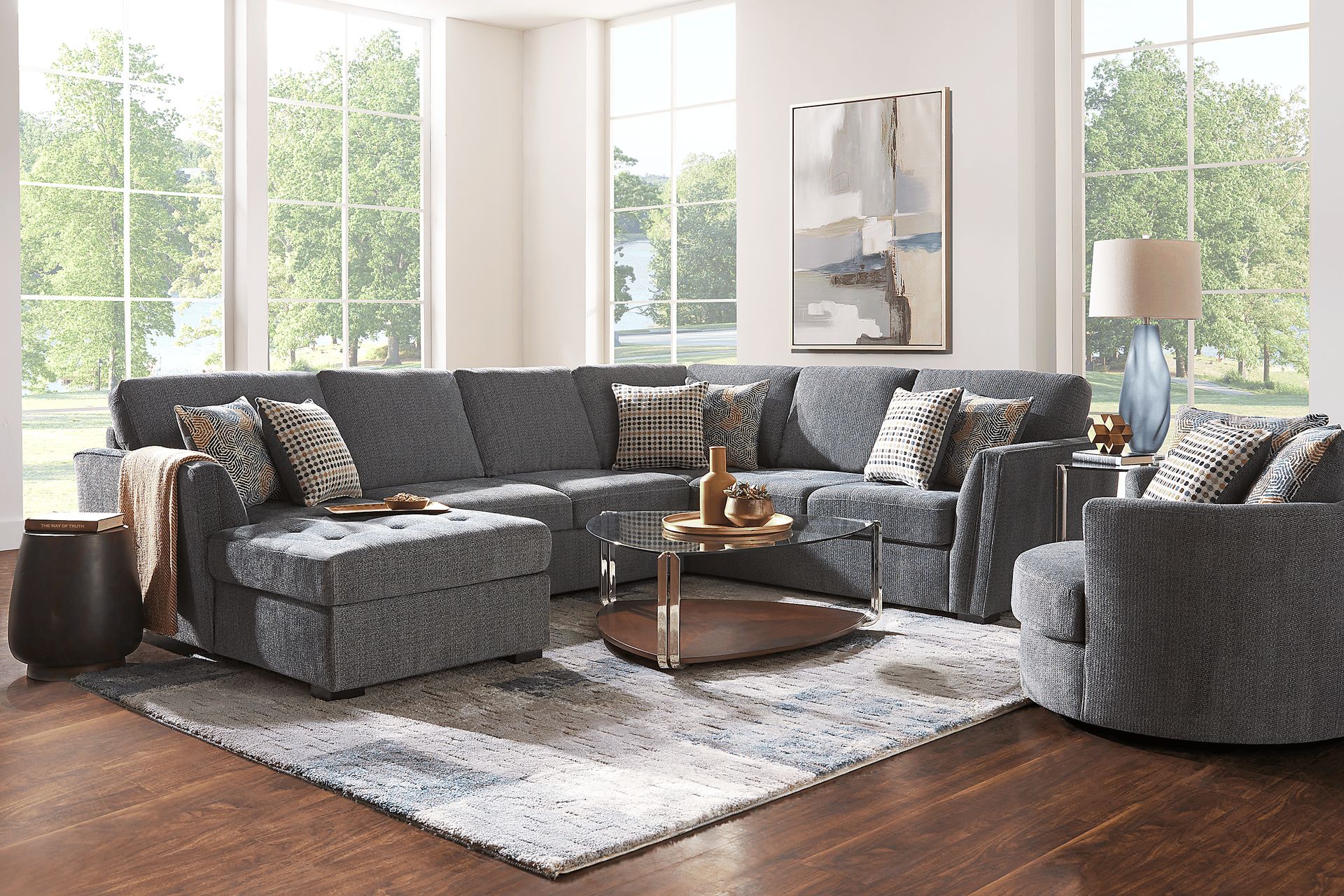 Eaton Heights 7 Pc Denim Blue Polyester Fabric Living Room Set With 3 Pc Left Arm Chaise Sleeper Sectional Pouf End Table Table Lamp Rooms to Go
