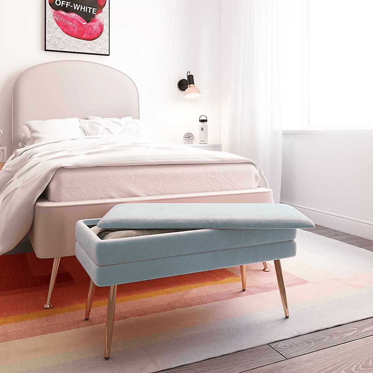 Eauclair Blue Velvet Plush Storage Bench | Rooms to Go
