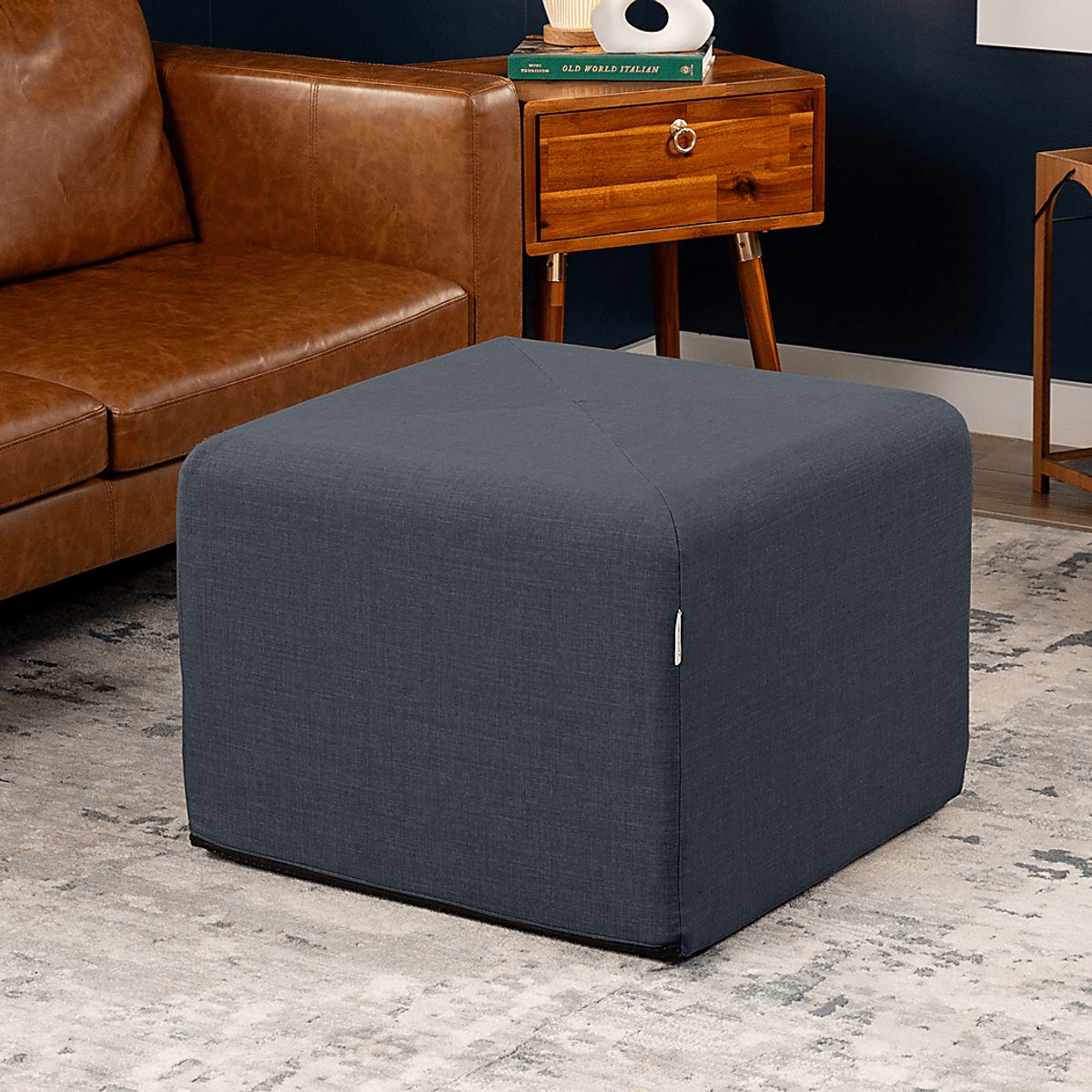 Edunci Blue,Denim Blue Polyester Fabric Large Ottoman | Rooms to Go