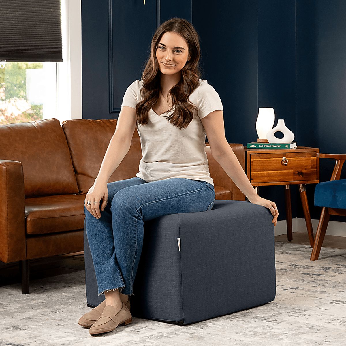 Edunci Blue,Denim Blue Polyester Fabric Large Ottoman | Rooms to Go