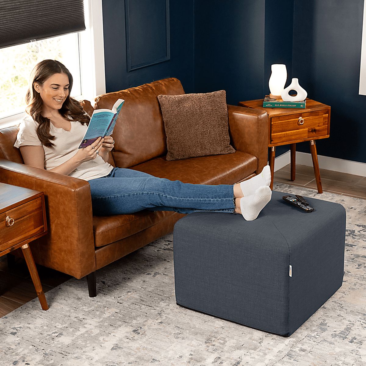 Edunci Blue,Denim Blue Polyester Fabric Large Ottoman | Rooms to Go