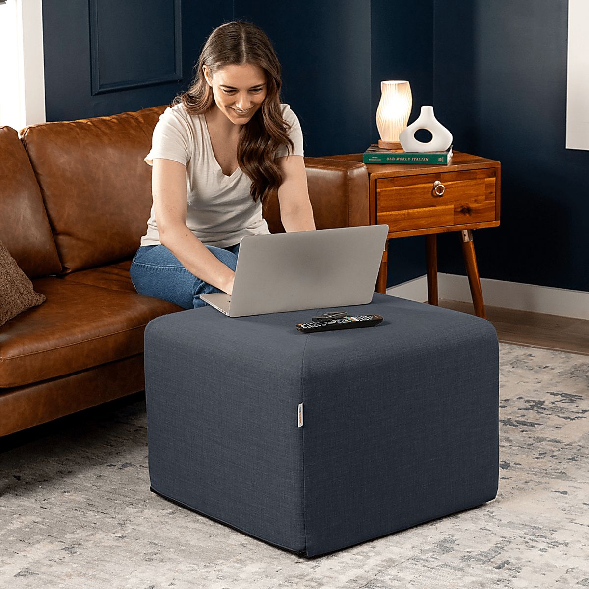 Edunci Blue,Denim Blue Polyester Fabric Large Ottoman | Rooms to Go
