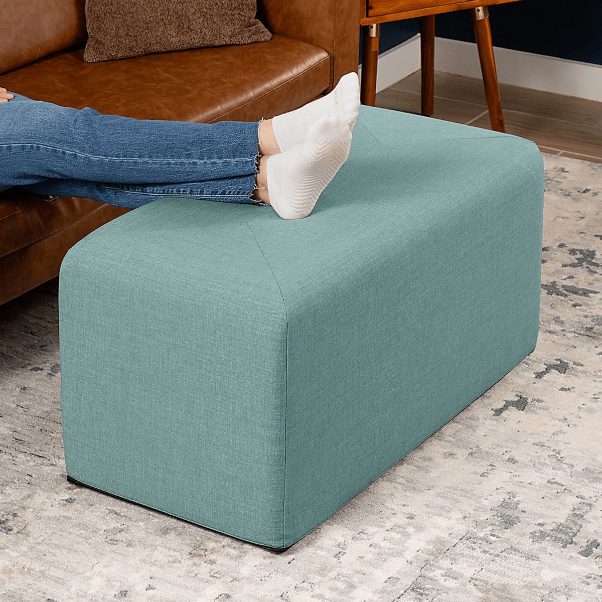 Edunci Blue Polyester Fabric Rectangular Ottoman | Rooms to Go