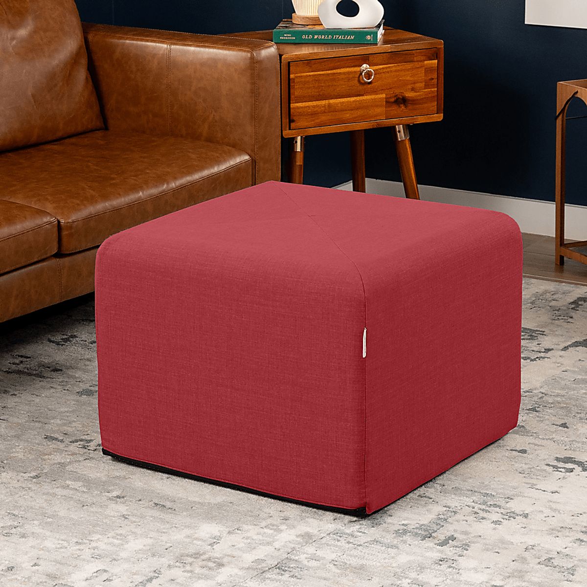 Edunci Red Polyester Fabric Large Ottoman | Rooms to Go