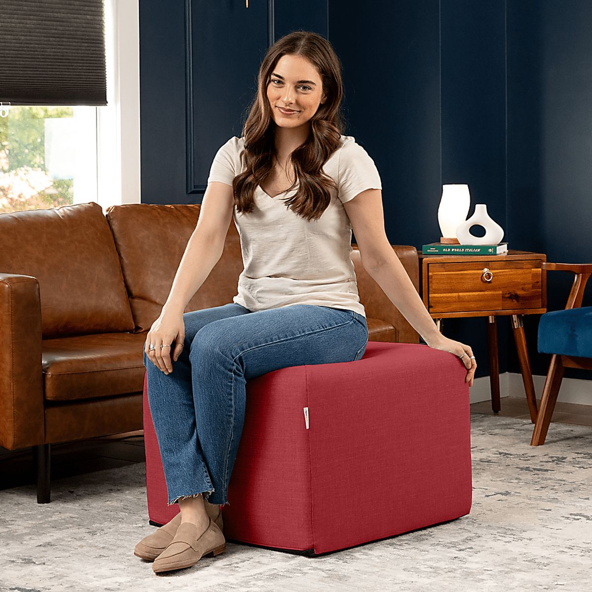 Edunci Red Polyester Fabric Large Ottoman | Rooms to Go
