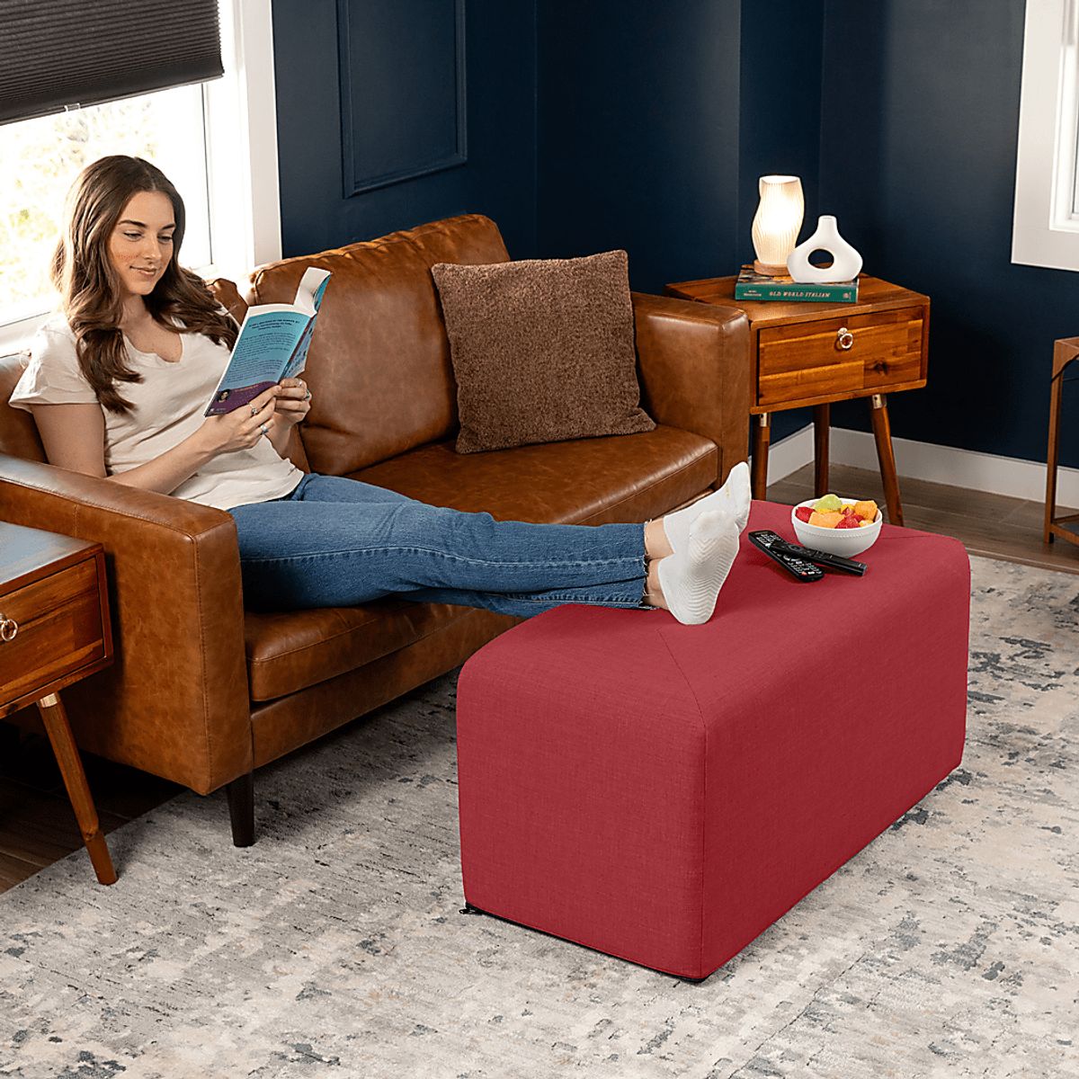 Edunci Red Polyester Fabric Rectangular Ottoman | Rooms to Go