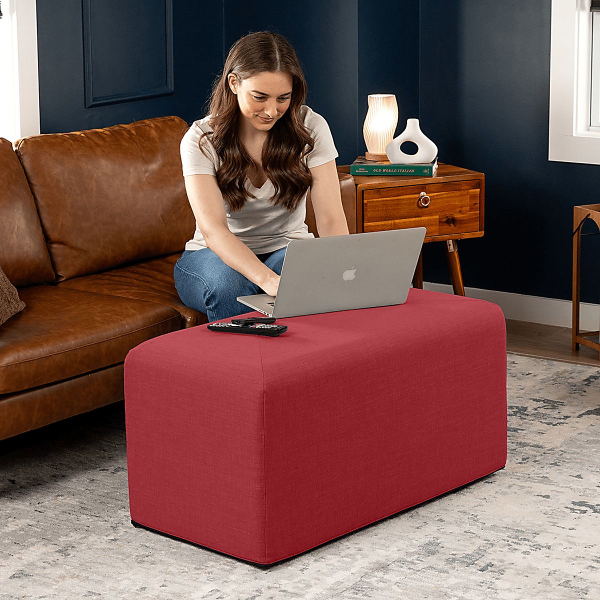 Edunci Red Polyester Fabric Rectangular Ottoman | Rooms to Go