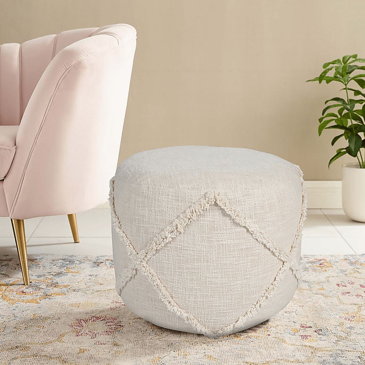 Elizeno I Cream Beige Cotton Fabric Pouf | Rooms to Go