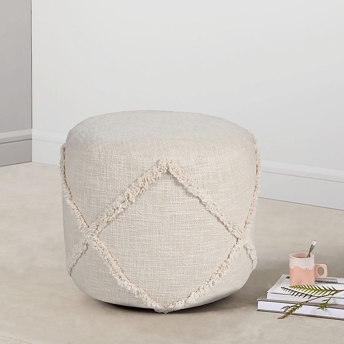 Elizeno I Cream Beige Cotton Fabric Pouf | Rooms to Go
