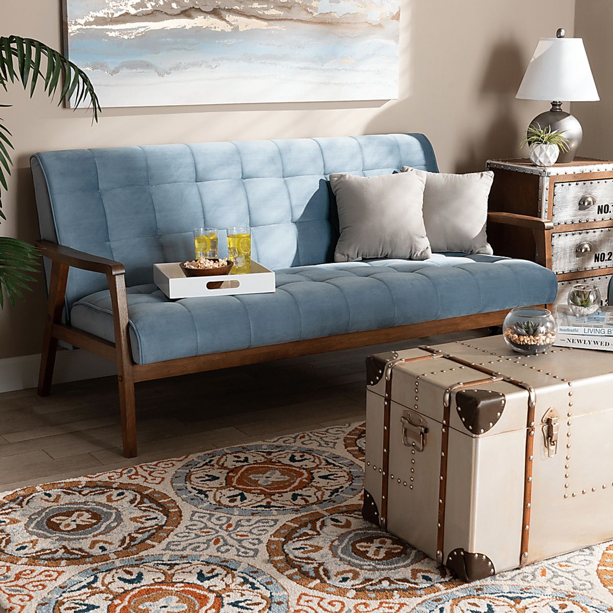 Ellesmere Light Blue Velvet Plush Settee | Rooms to Go