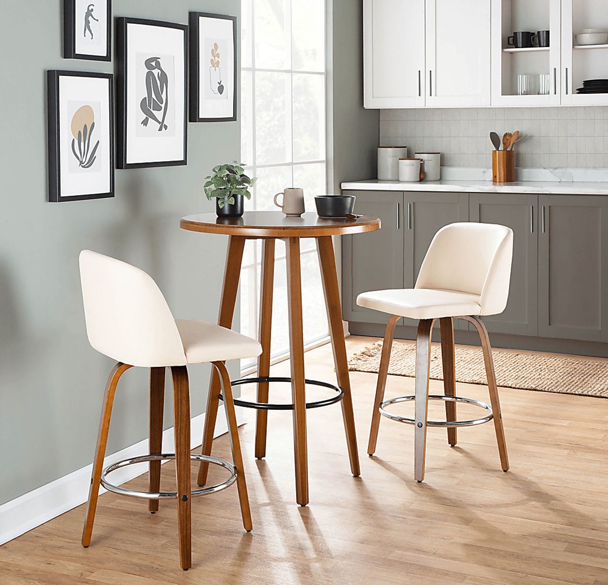 Elorena II Walnut Dark Wood Cream Beige Polyurethane Fabric Swivel ...