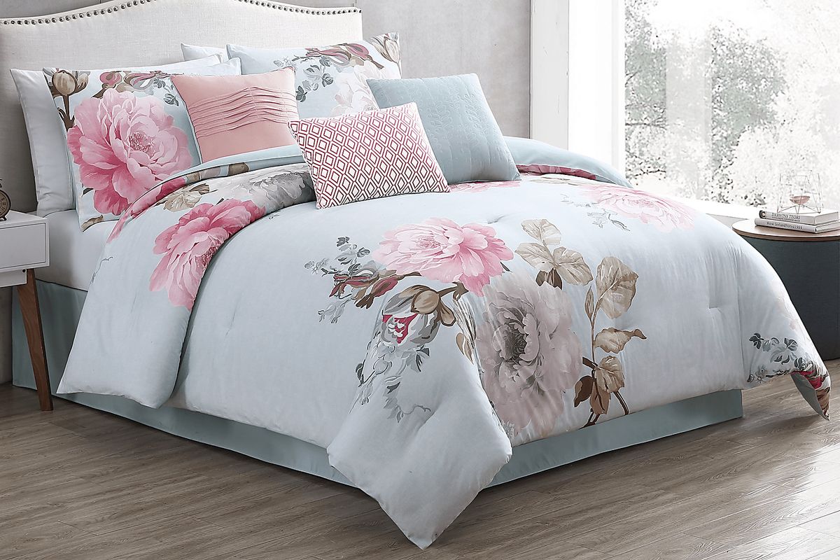 Elrissa Light Blue Cotton,Polyester Fabric 7 Pc King Comforter Set ...