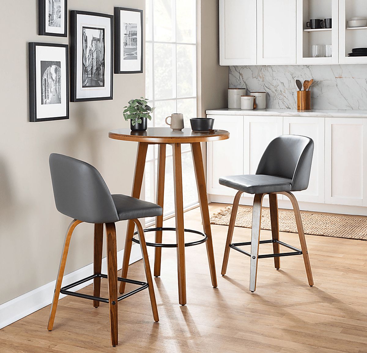 Enora Ann Walnut Dark Wood Gray Polyurethane Fabric Swivel Upholstered ...
