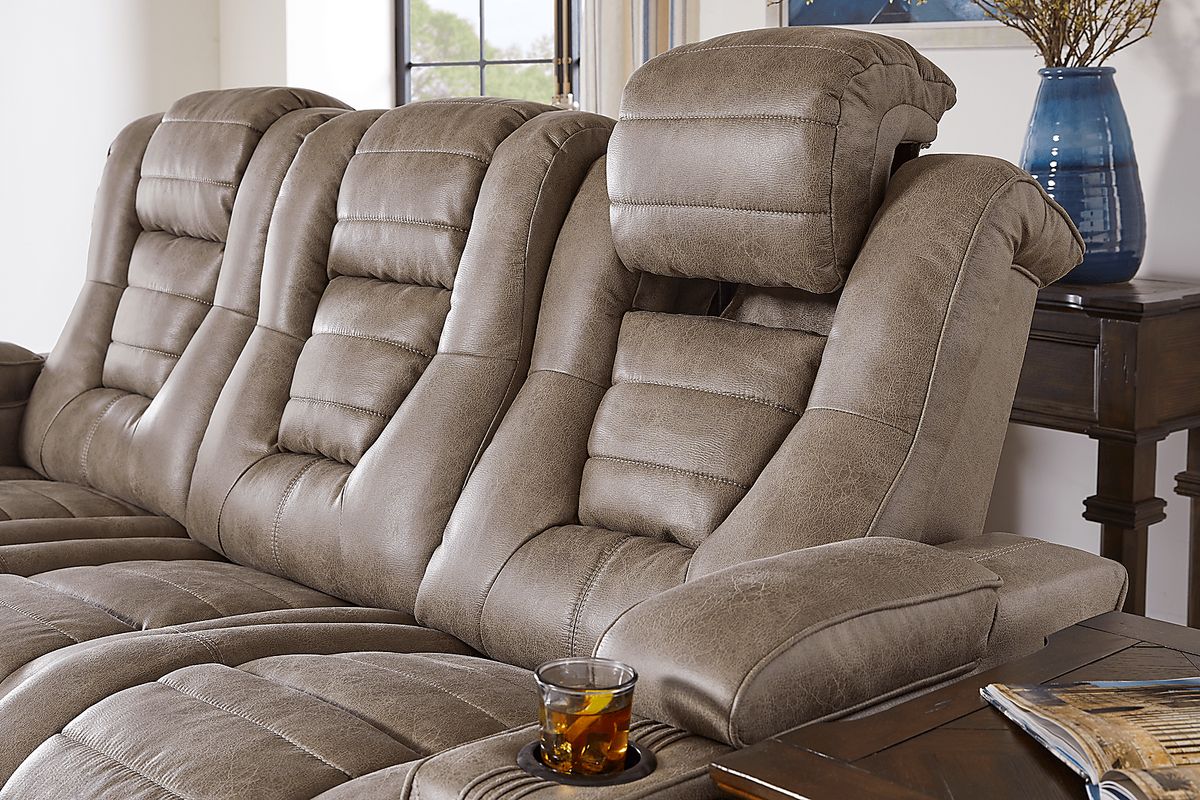 Chief Taupe Beige Polyester Fabric Dual Power Reclining Sofa | Rooms to Go