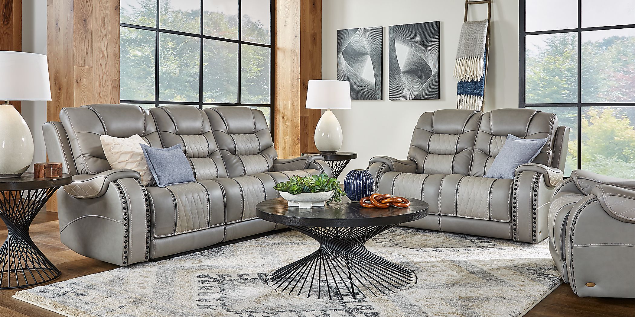Headliner 3 Pc Gray Leather Non-Power Reclining Living Room Set With ...