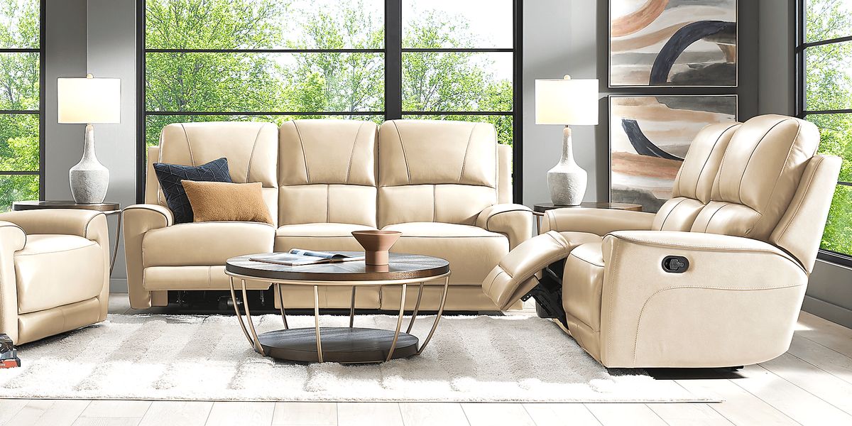 Drew & Jonathan Fremont Almond Beige Leather Dual Power Reclining Sofa ...