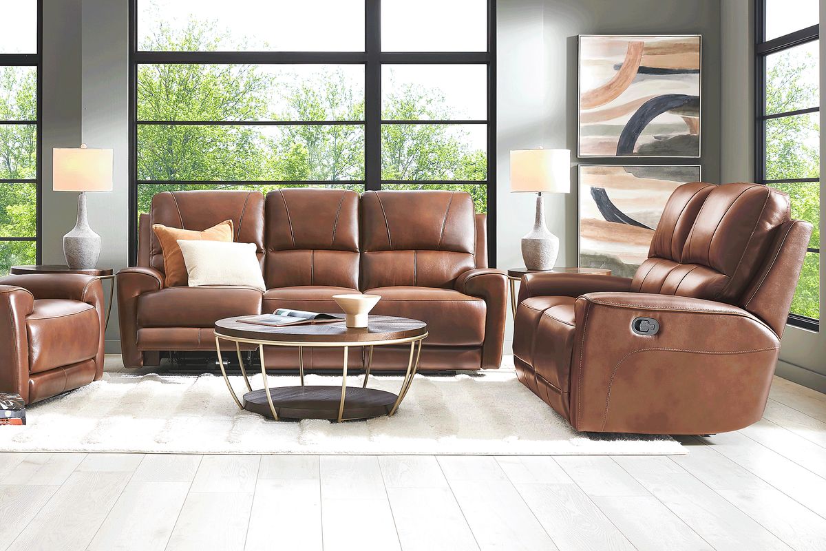 Drew & Jonathan Fremont 5 Pc Brown Leather Dual Power Reclining Living ...
