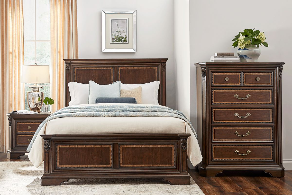 Fuller 5 Pc Brown Cherry Dark Wood Queen Bedroom Set With 3 Pc Queen ...
