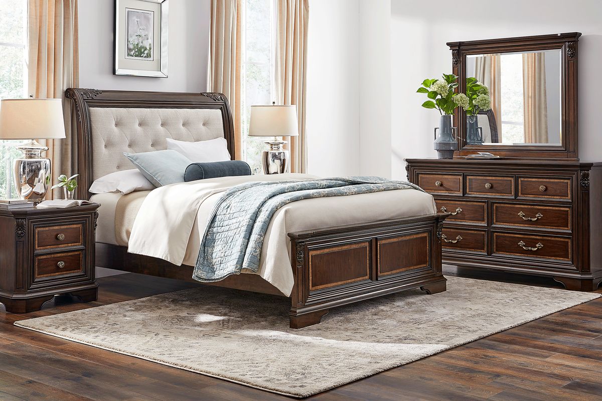Fuller 7 Pc Brown Cherry Dark Wood King Bedroom Set With Dresser, Mirror, Nightstand, 3 Pc King ...