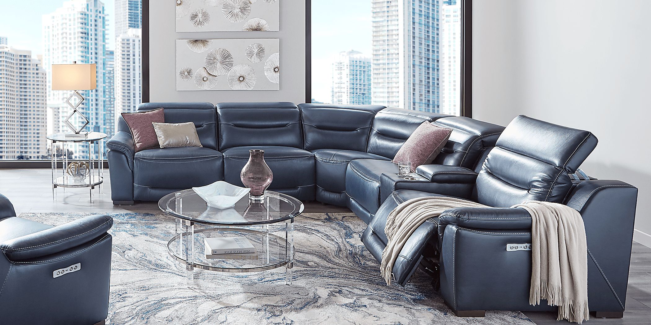 Gallia Way Navy Blue Leather 6 Pc Dual Power Reclining Sectional