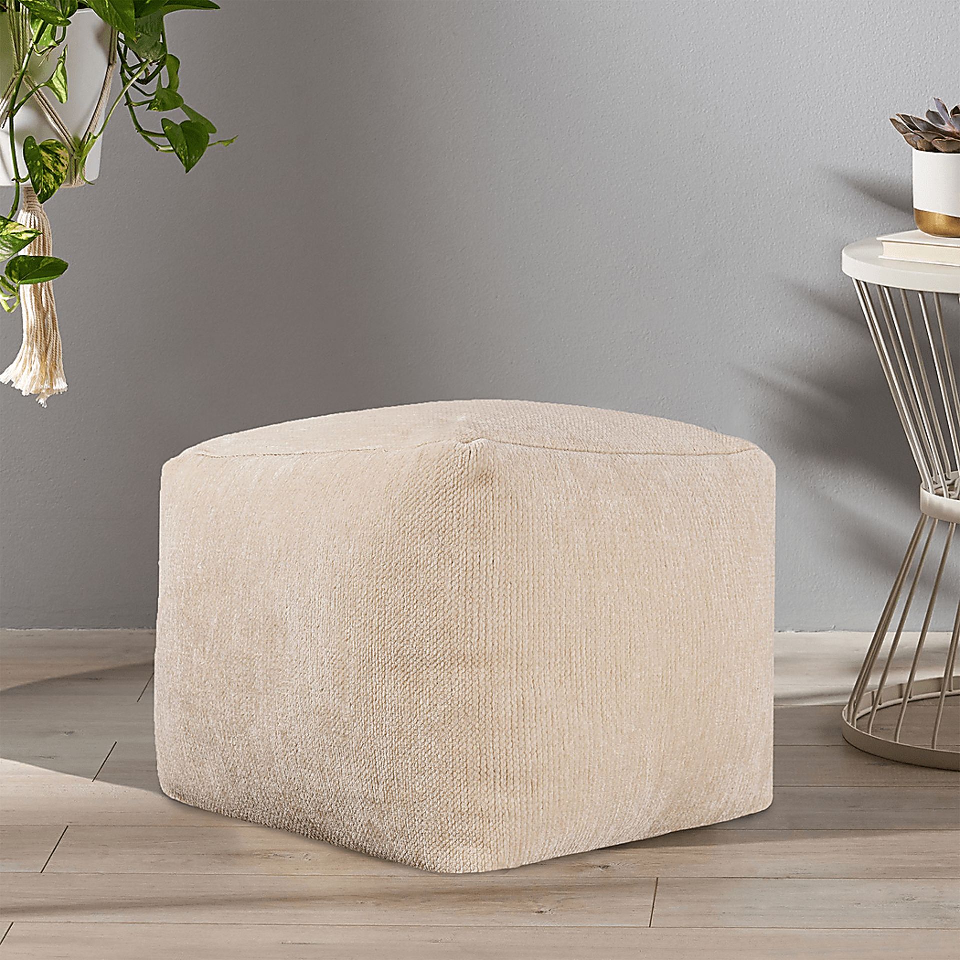Gekia Ivory Beige Chenille Fabric Poufs Rooms to Go