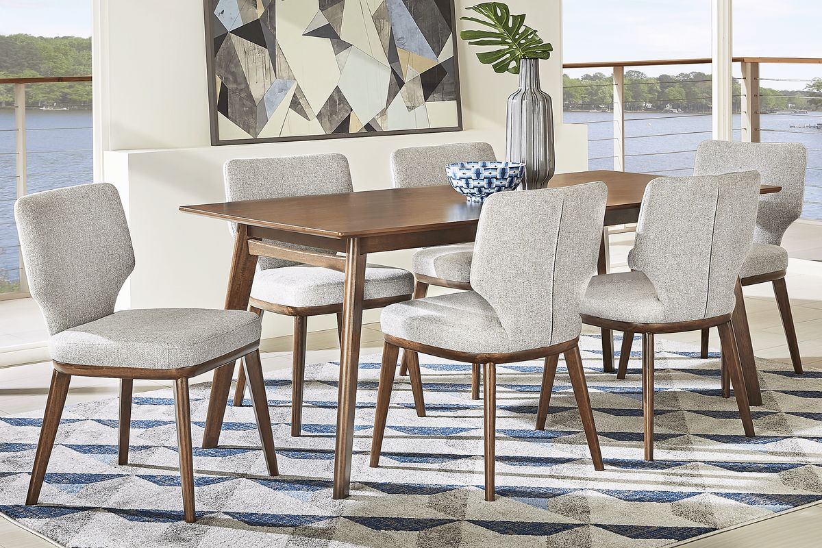 Genaro 7 Pc Brown Dark Wood Gray Dining Room Set With Rectangle Dining ...