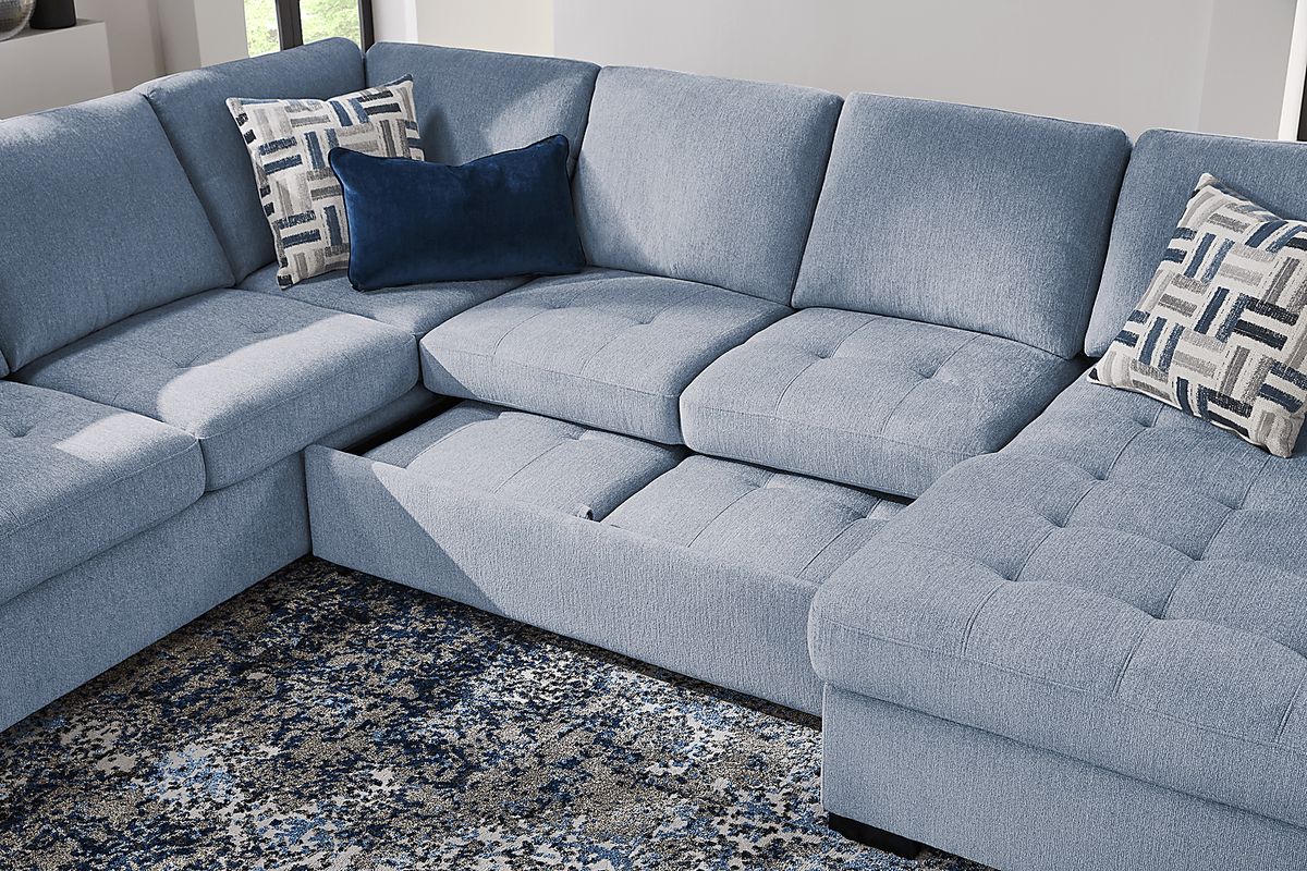 Geneva Blue Textured 3 Pc Right Arm Chaise Pcstorage Sleeper Sectional ...