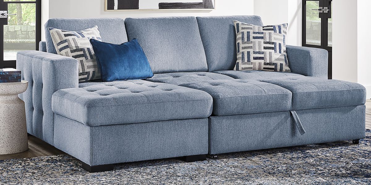 Geneva 5 Pc Blue Textured Living Room Set With 2 Pc Laf Storage Sleeper ...