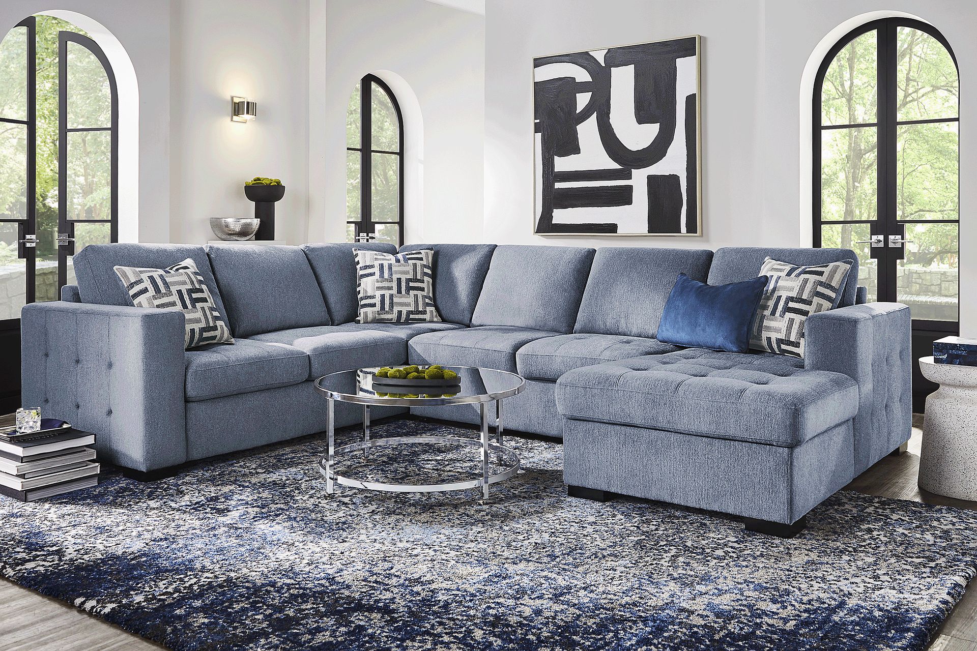 Geneva 6 Pc Blue Textured Living Room Set With 3 Pc Raf Storage Sleeper ...