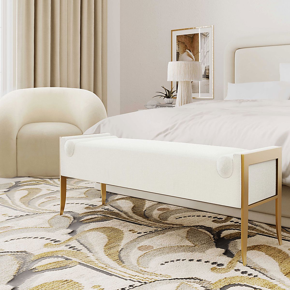 Grandey Cream Beige Polyester Fabric Bench | Rooms to Go