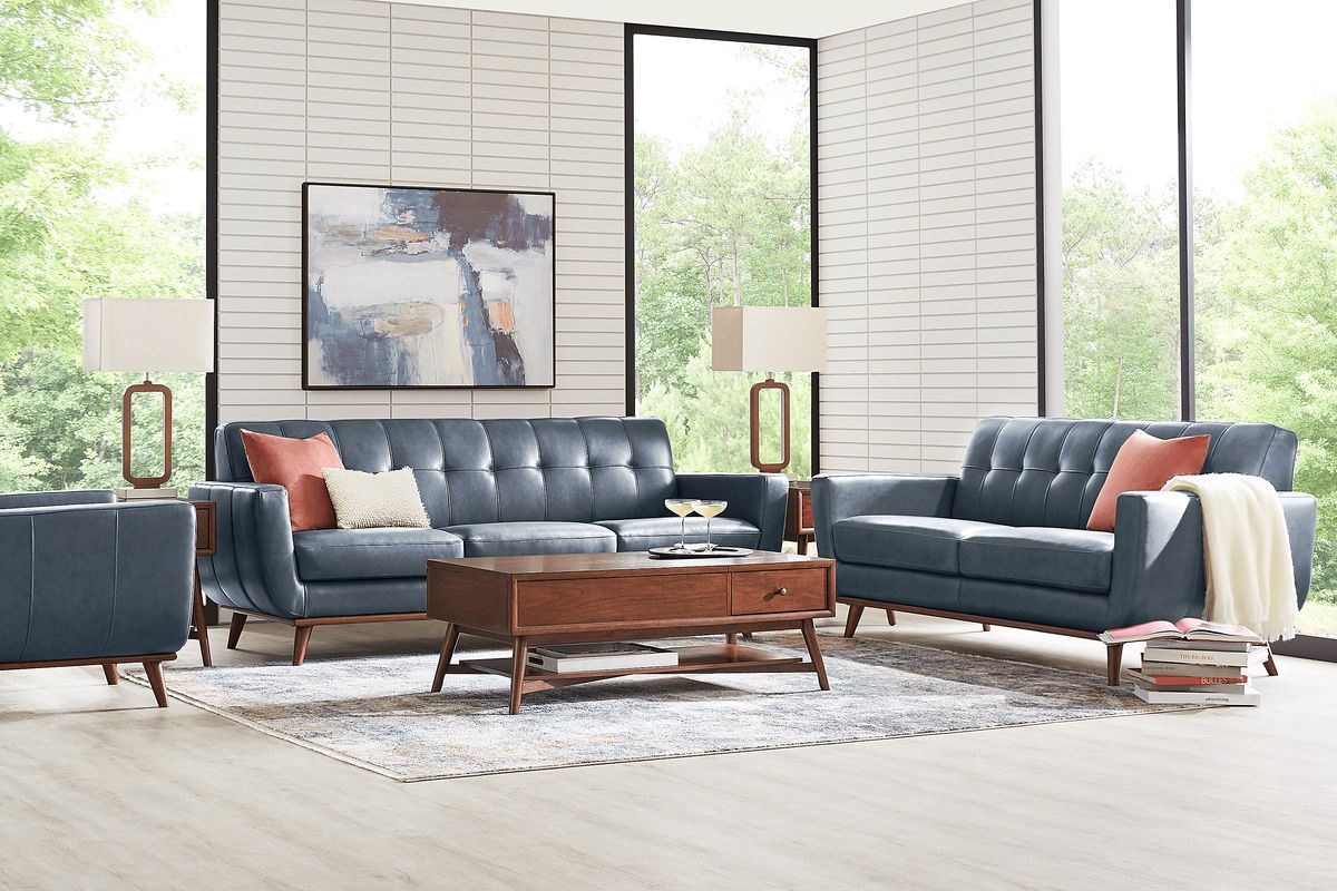 Greyson 3 Pc Blue Leather Living Room Set With Sofa, Loveseat, Chair ...