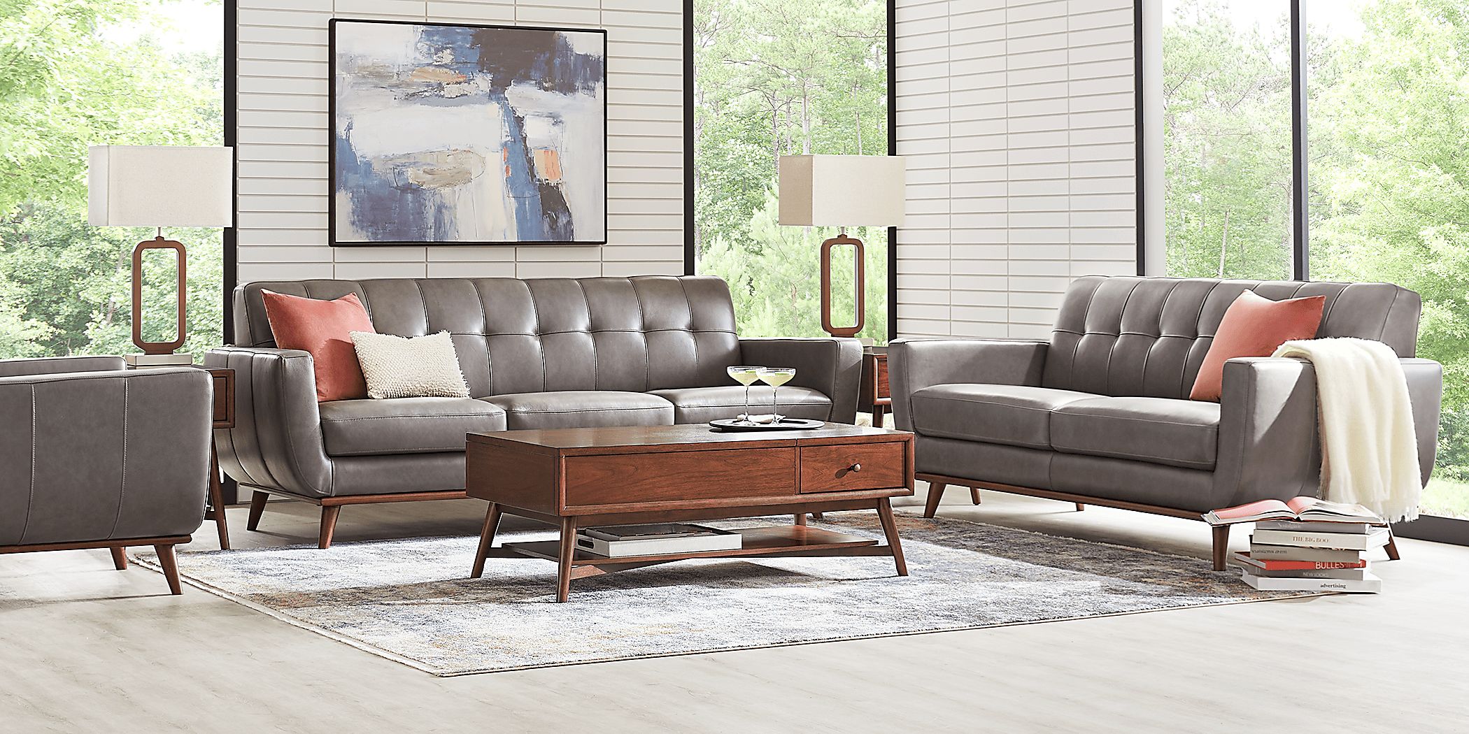 Greyson 7 Pc Gray Leather Living Room Set With Sofa, Loveseat, Cocktail ...