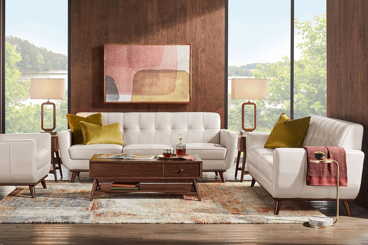 Greyson 3 Pc Ivory Beige Leather Living Room Set With Sofa, Loveseat ...