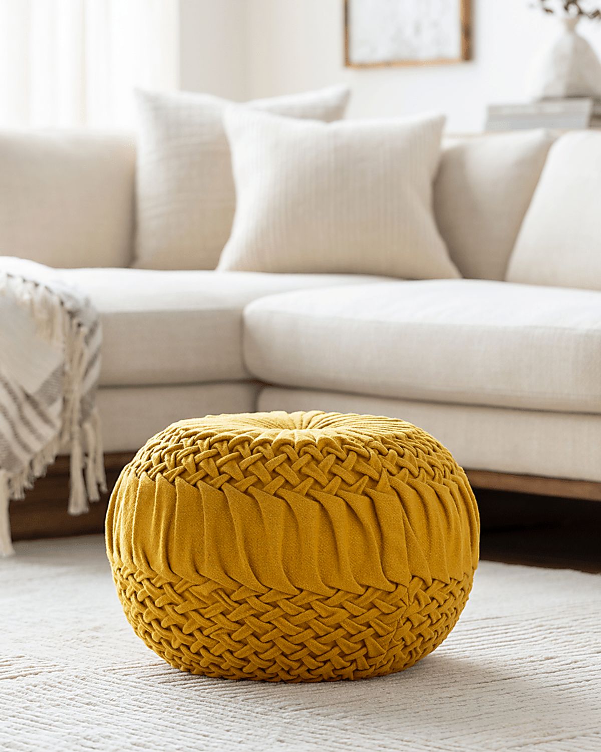 Guildwood Mustard Yellow Nylon,Wool Fabric Ottoman | Rooms to Go