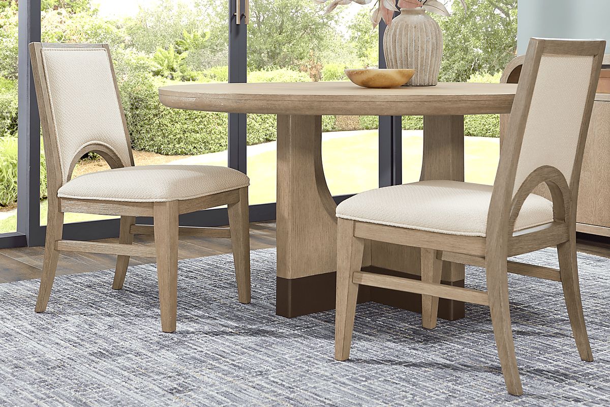 Halverson 5 Pc Honey Light Wood Cream Beige Dining Room Set With Round Dining Table, Upholstered ...