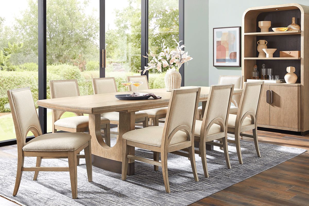 Halverson 5 Pc Honey Light Wood Dining Room Set With Trestle Dining Table, Upholstered Side ...