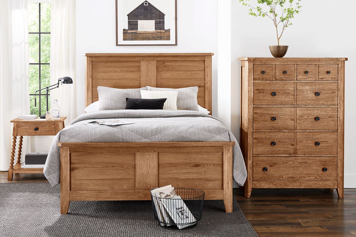 Hargrove 5 Pc Light Oak Wood King Bedroom Set With 3 Pc King Panel Bed ...