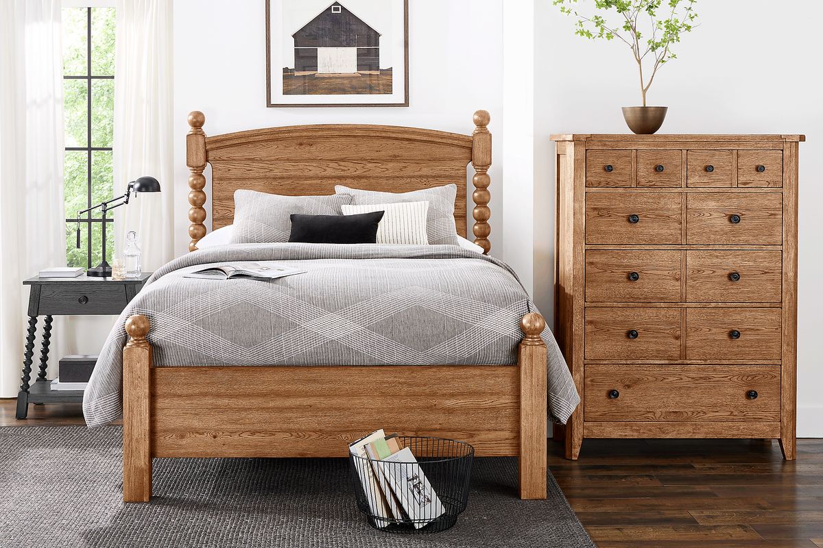 Hargrove 5 Pc Light Oak Wood King Bedroom Set With 3 Pc King Post Bed ...