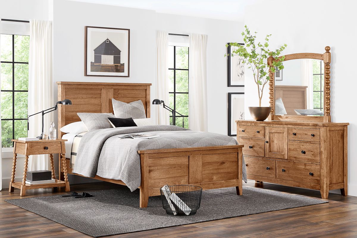 Hargrove 7 Pc Light Oak Wood King Bedroom Set With 3 Pc King Panel Bed ...