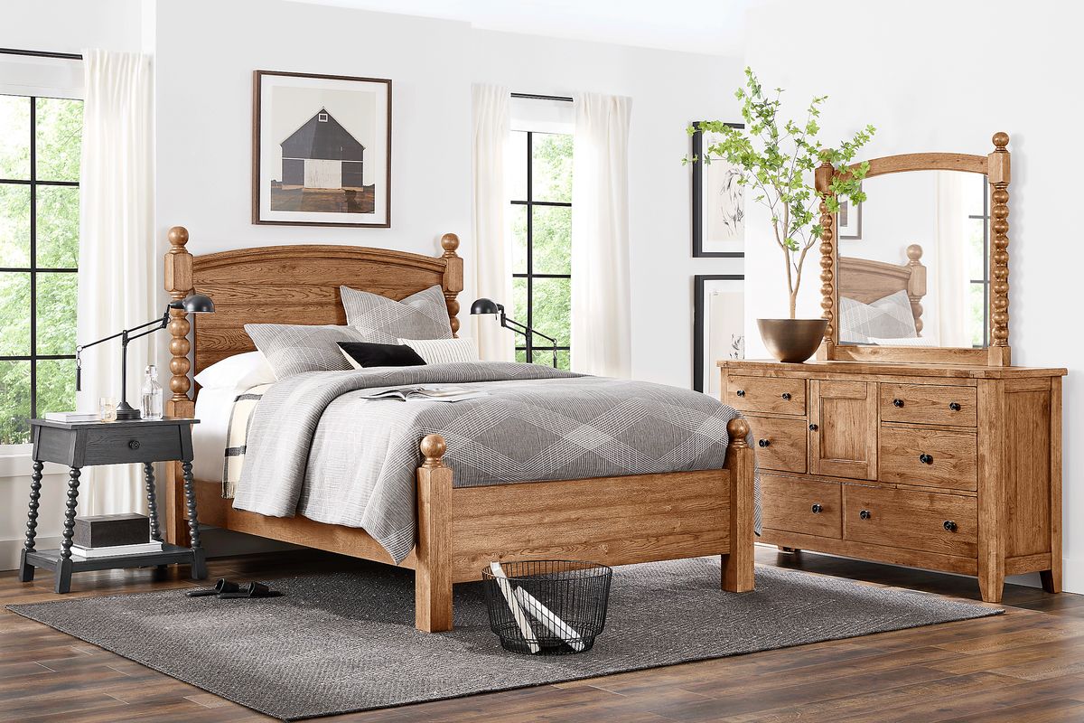 Hargrove 7 Pc Light Oak Wood King Bedroom Set With 3 Pc King Post Bed ...