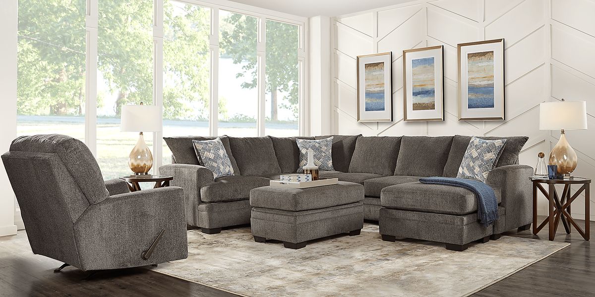 Harold Square 4 Pc Pewter Gray Chenille Fabric Living Room Set With 3 ...