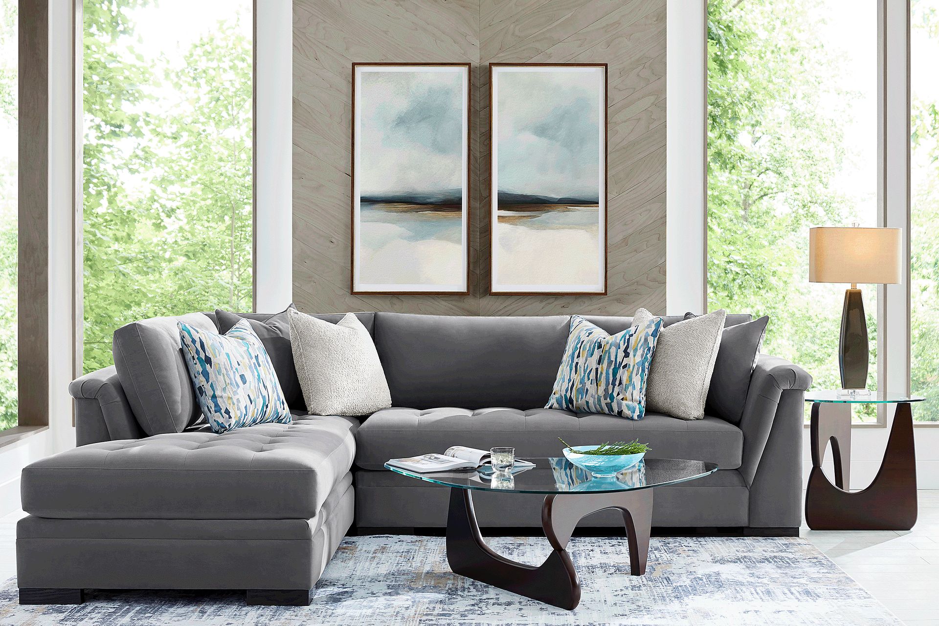 Cindy Crawford Harper Steel Gray Velvet Plush 2 Pc Left Arm Chaise ...