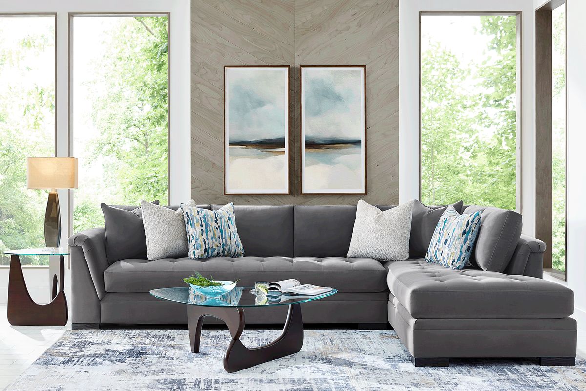 Cindy Crawford Harper Steel Gray Velvet Plush 2 Pc Right XL Arm Chaise ...