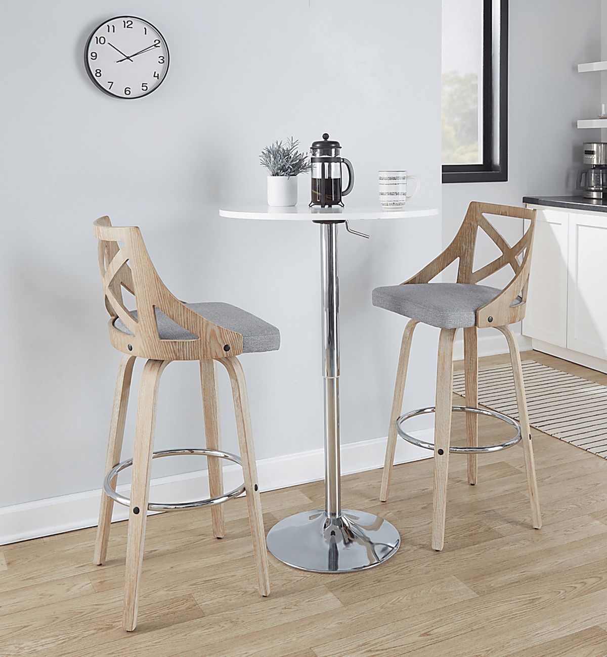 Hasbrouck III Natural Light Wood Gray Polyester Fabric Swivel Barstool ...
